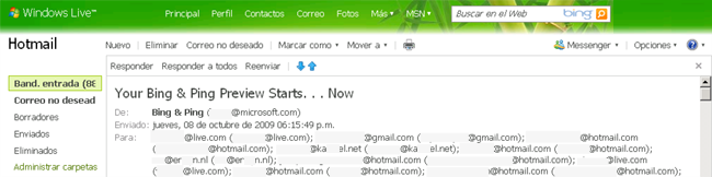 FAIL de Bing revela miles de direcciones de sus beta testers